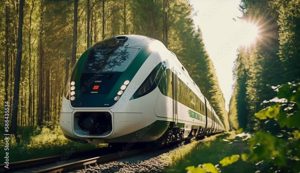 high-speed train in motion on the railroad in the forest Stock ...