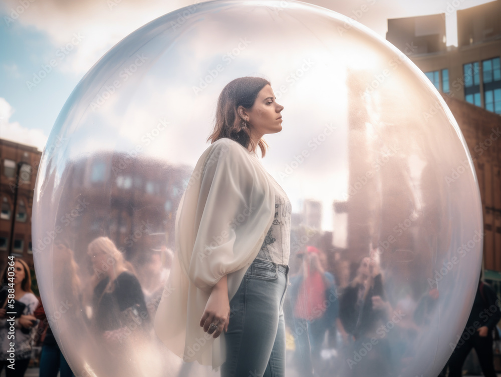Young woman inside a transparent bubble on a crowded city street ...
