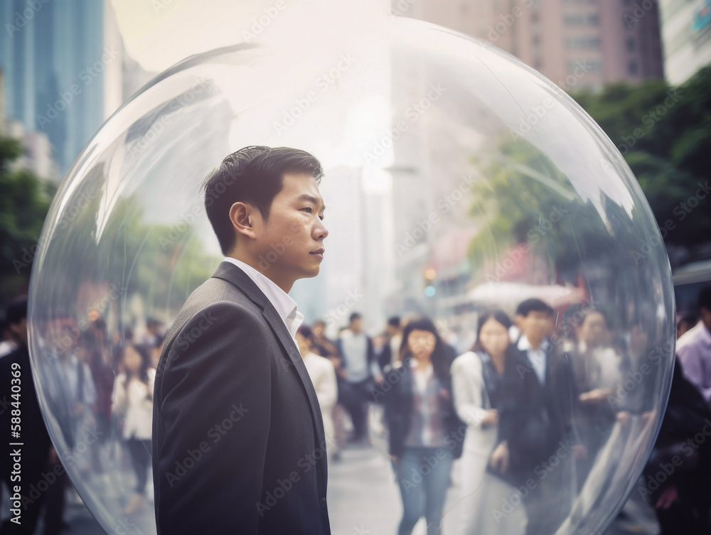 Chinese businessman inside a transparent bubble on a crowded city ...