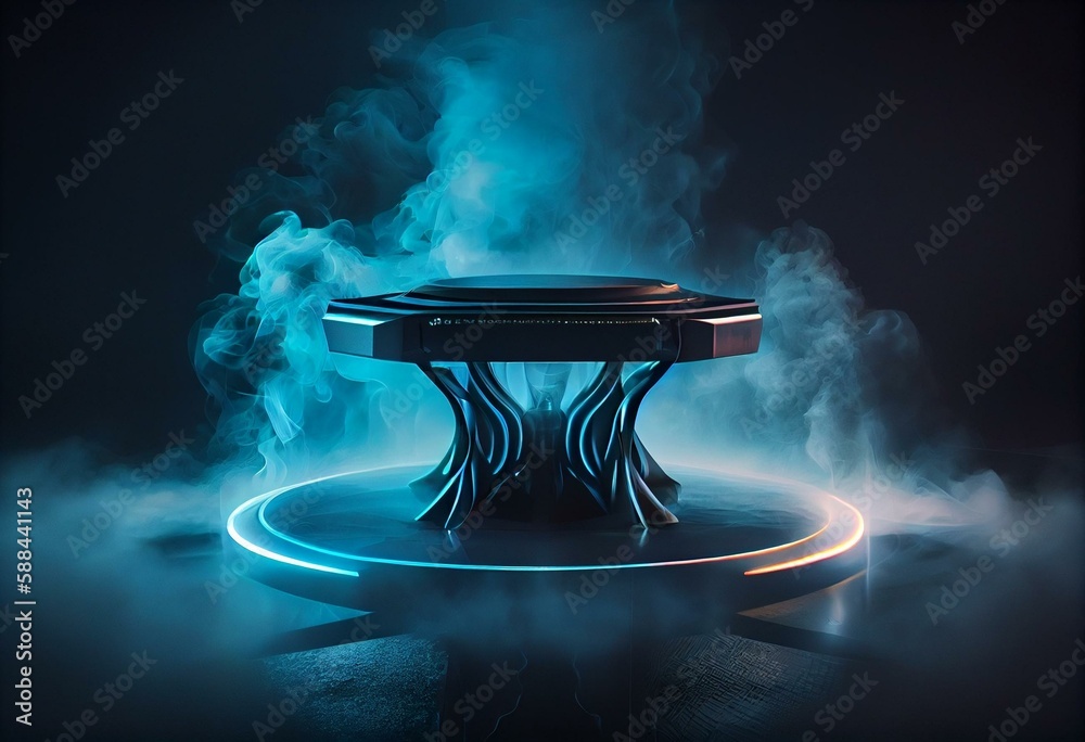 Blue futuristic empty podium stage with Smoke and neon light generative ...