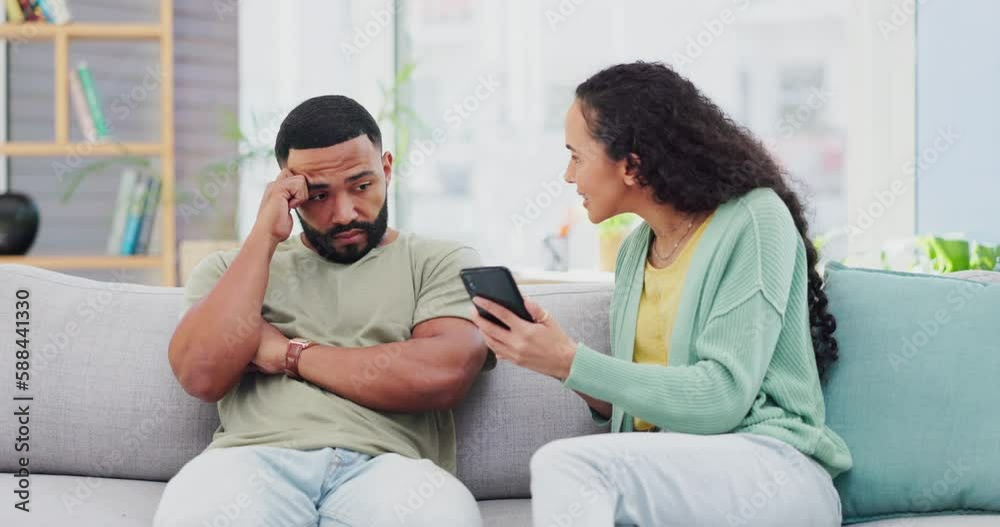 Cheating, argue and couple on couch, smartphone and shouting in living ...