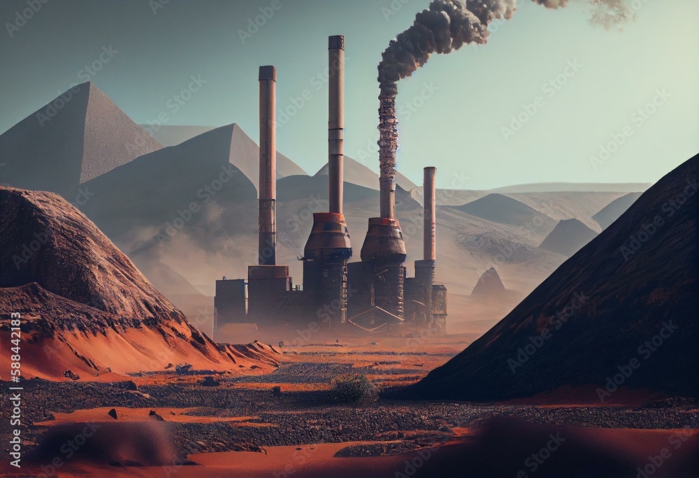 Industrial landscape with smoking chimneys towering over polluted ... Industrial landscape with smoking chimneys towering over polluted ...