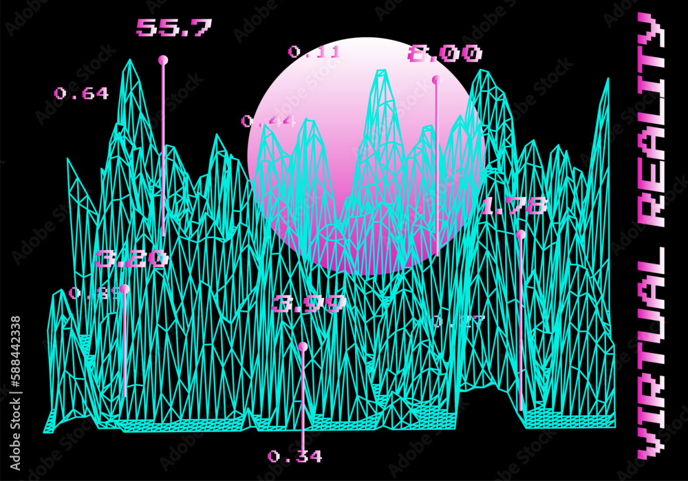 3D glitched and distorted plane made of mesh. Computer science and virtual reality subject ...