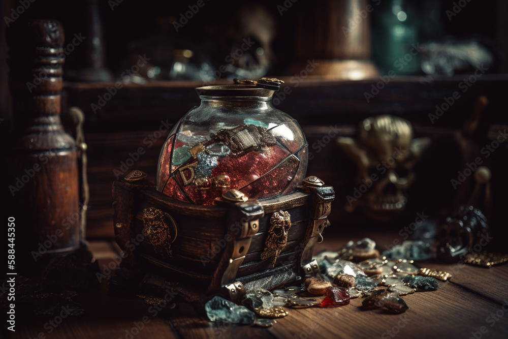 A bottle of pirates of the caribbean with a pirate ship inside Stock ...