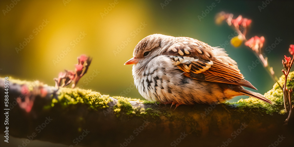 Tiny lazy bird sleeping on a branch in a tree during spring ...
