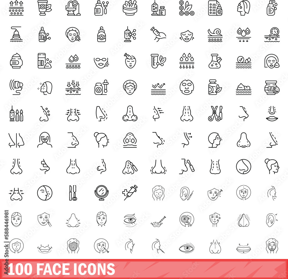 100 face icons set. Outline illustration of 100 face icons vector set ...