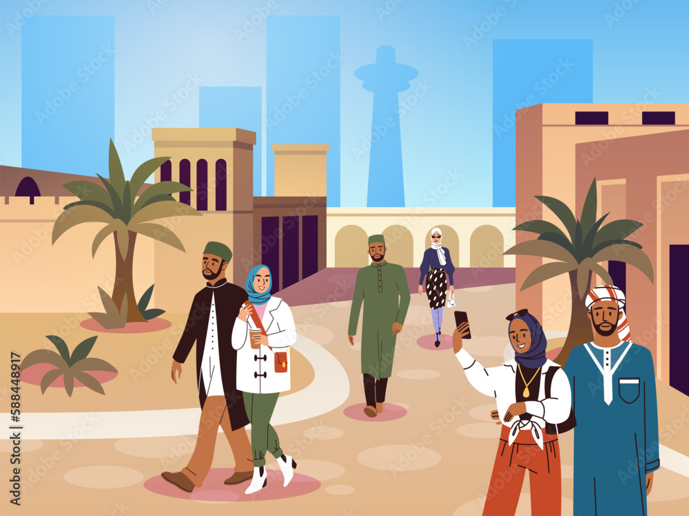 Muslim modern people walk. Islamic fashionably dressed couples on ...
