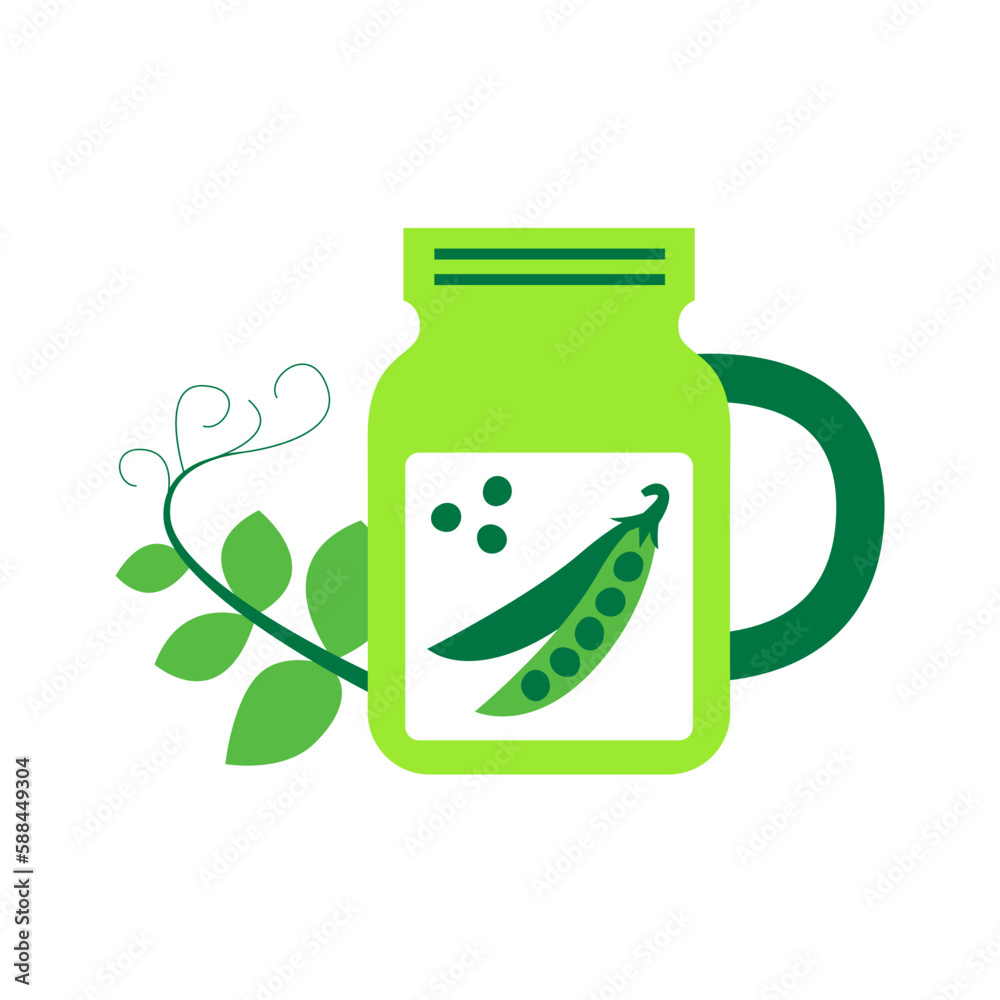 Jar mug of pea milk with pods and leafs. Plant based vegan drink ...