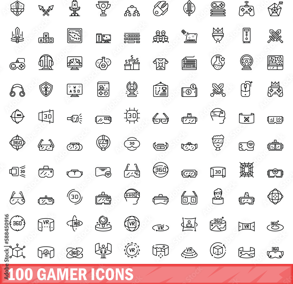 100 gamer icons set. Outline illustration of 100 gamer icons vector set ...