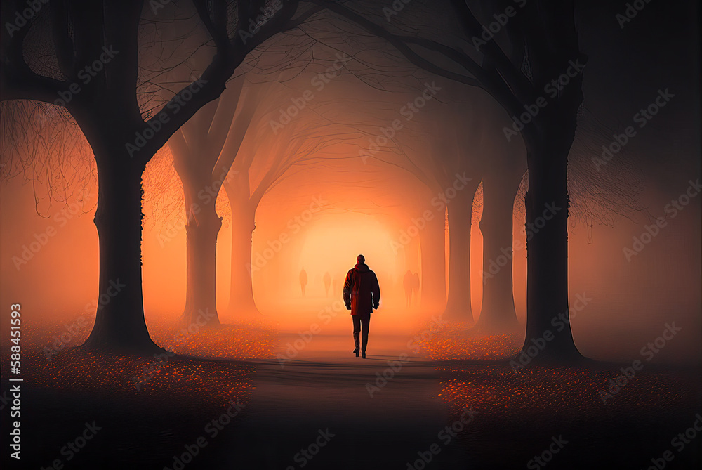 Figure walking down tree lined path, orange light, glow. Generative AI ...