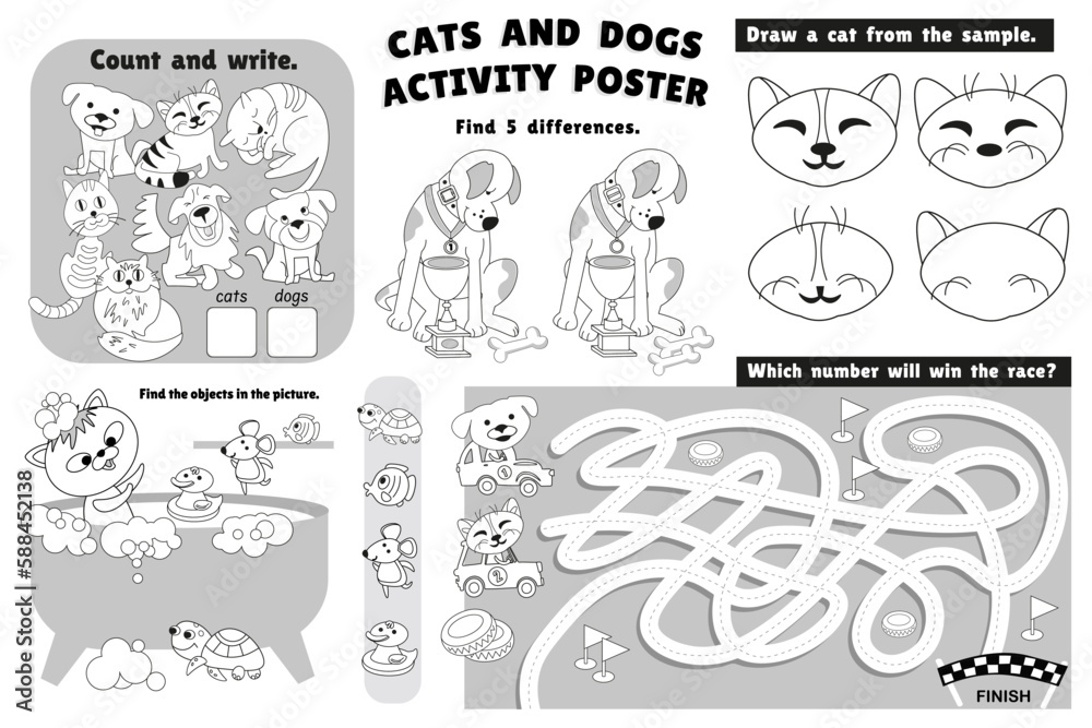 Cats and dogs activity poster. Connect pairs, maze, find differences ...