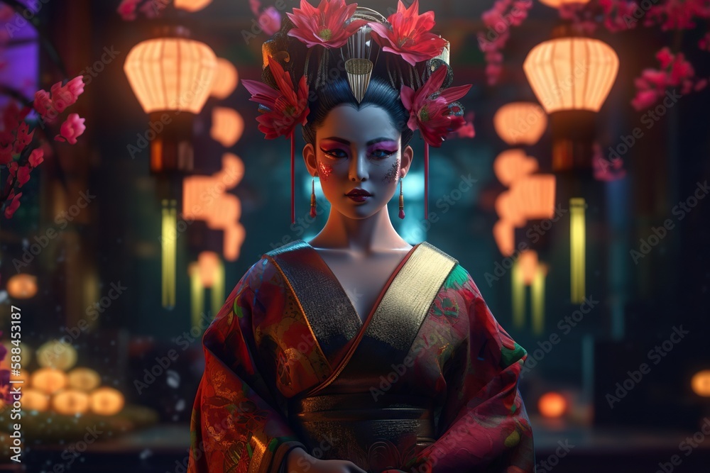 Portrait of fictional, not based on a real person geisha wearing ...