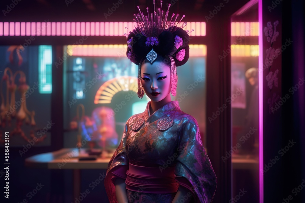 Portrait of fictional, not based on a real person geisha wearing ...