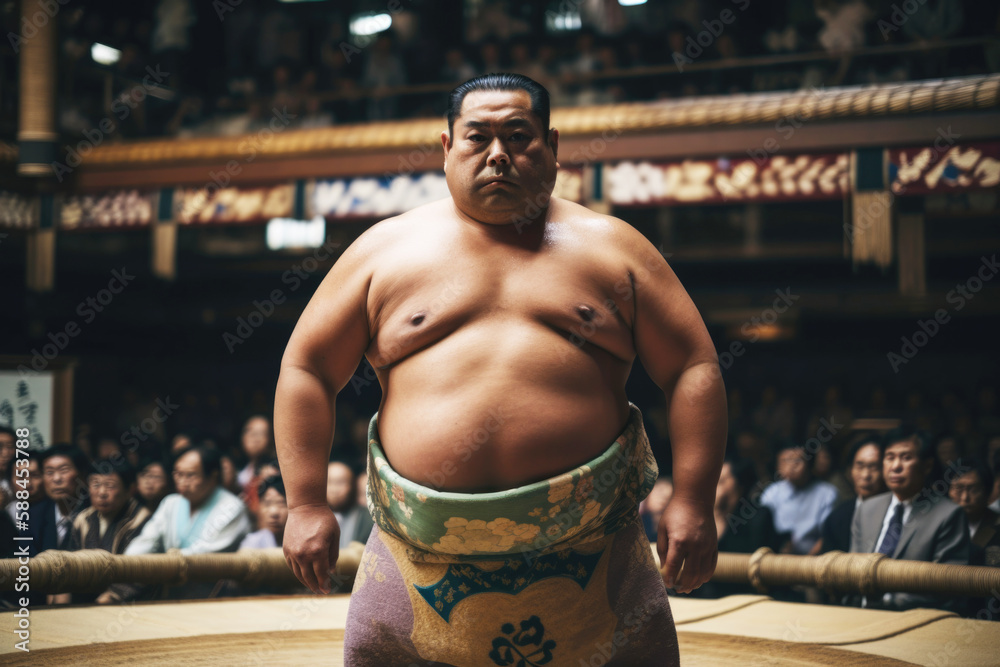 Portrait of sumo wrestler in Dohyo with audience behind him getting ...