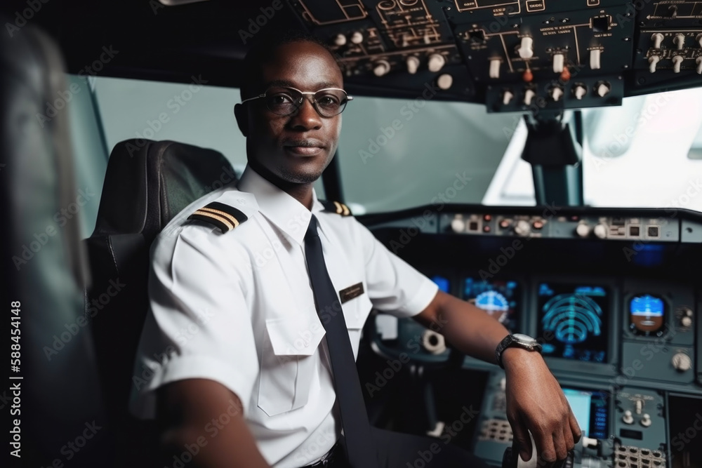 Portrait of Black pilot with serious expression in airplane. Generative ...