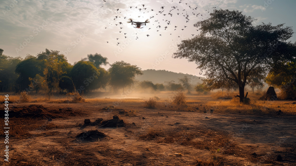 Seed Planting Drone A Drone Flying Over A Deforested Area Releasing