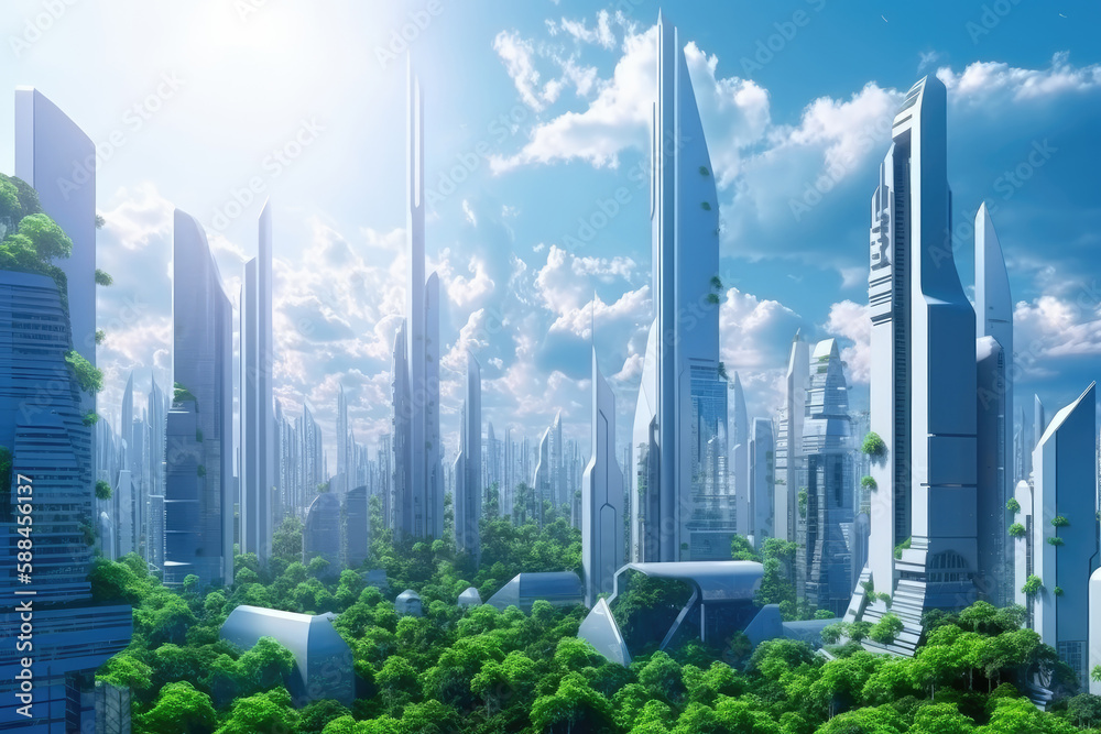 Futuristic friendly ecology mega city buildings and towers, green ...