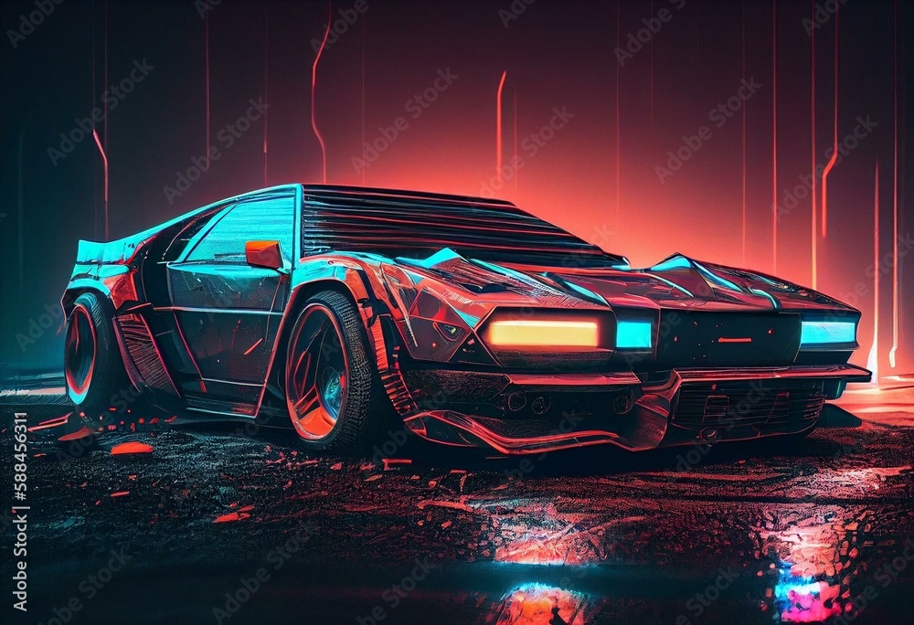 Cyberpunk Futuristic retro wave synth wave car, Retro sports car with ...