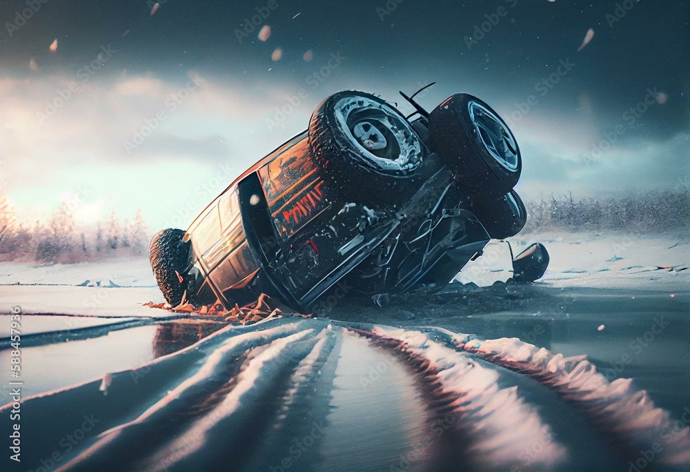 Car accident flipped upside down in accident during winter storm. The ...