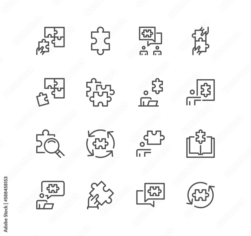 Set of puzzle related icons, thinking man, problem discussion, puzzle ...