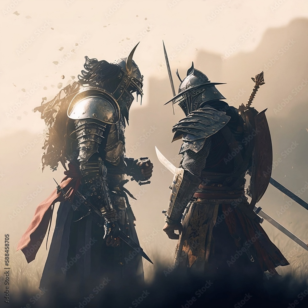 Two samurai facing each other, AI-generated Stock Illustration | Adobe ...