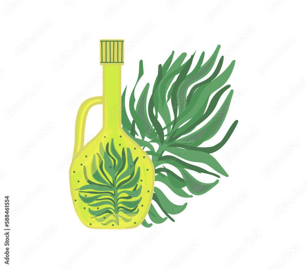 A bottle of oil, a container with a handle, a color drawing, on a ...