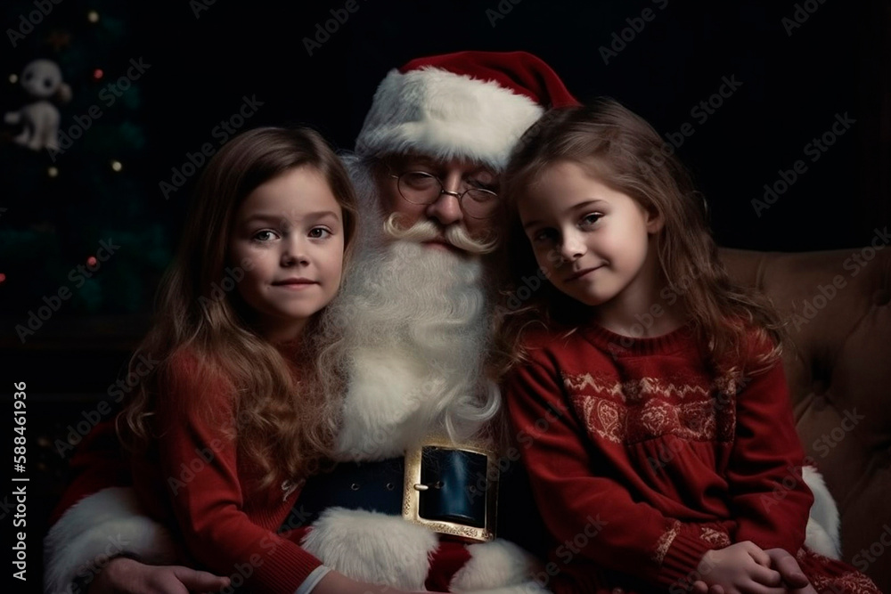Two girls and Santa Claus, created with Generative AI Technology Stock ...