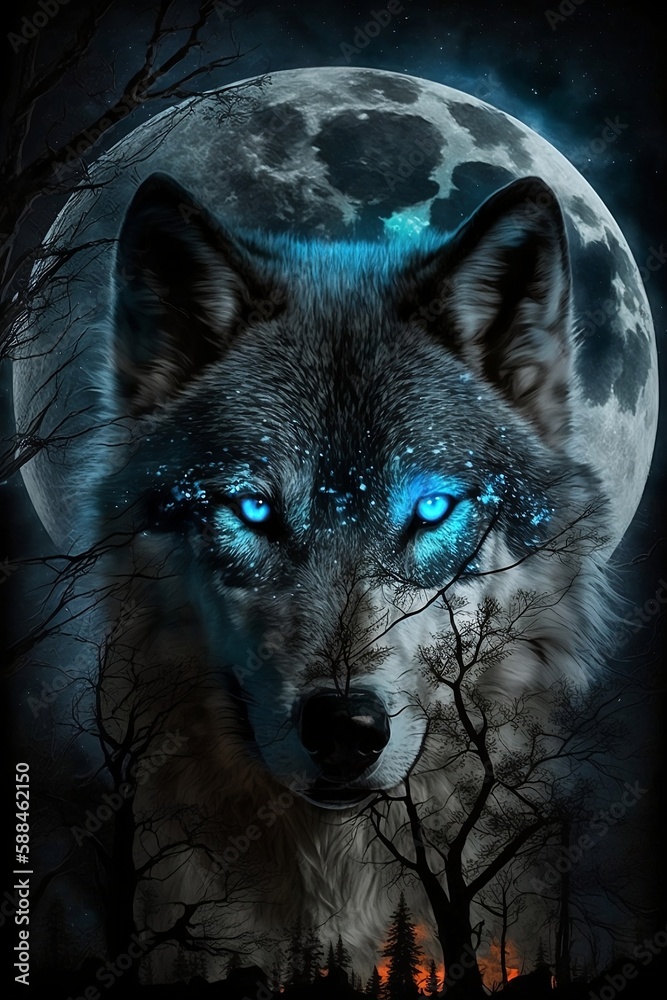 Wolf With Glowing Blue Eyes Superimposed on a Full Moon Generative AI ...