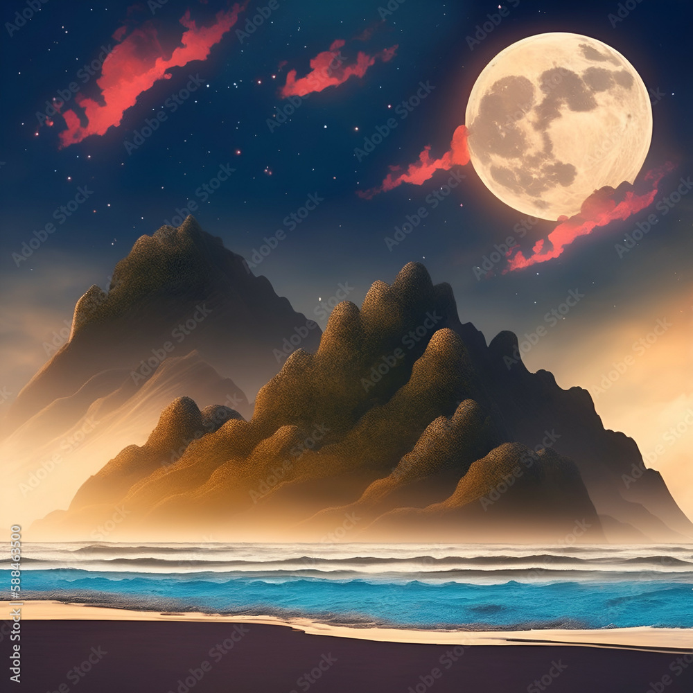 Starry sky and full moon on the beach landscape - Calm beach background ...