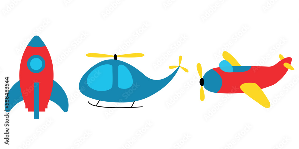 Cartoon air transport. Vector planes, airplanes, helicopters, airship ...