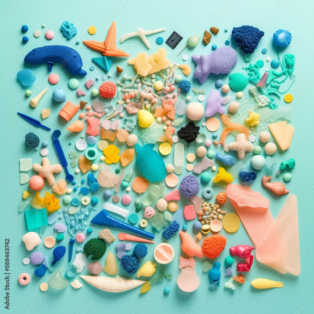 group of micro plastics of all types, shapes and colours flat lay ...