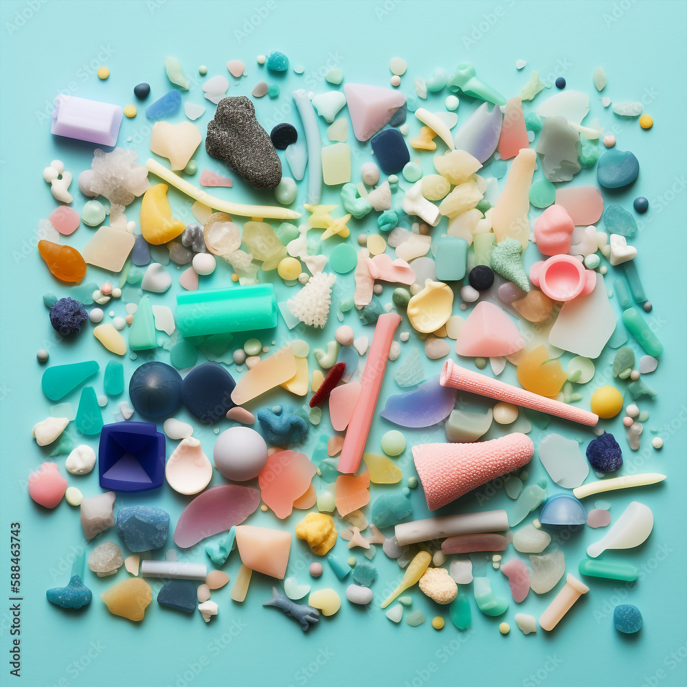 group of micro plastics of all types, shapes and colours flat lay ...