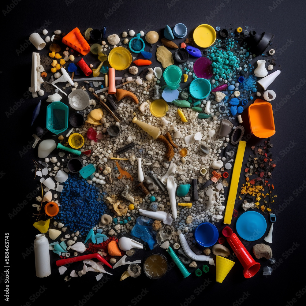 group of micro plastics of all types, shapes and colours flat lay ...