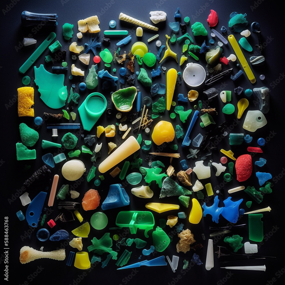 group of micro plastics of all types, shapes and colours flat lay ...