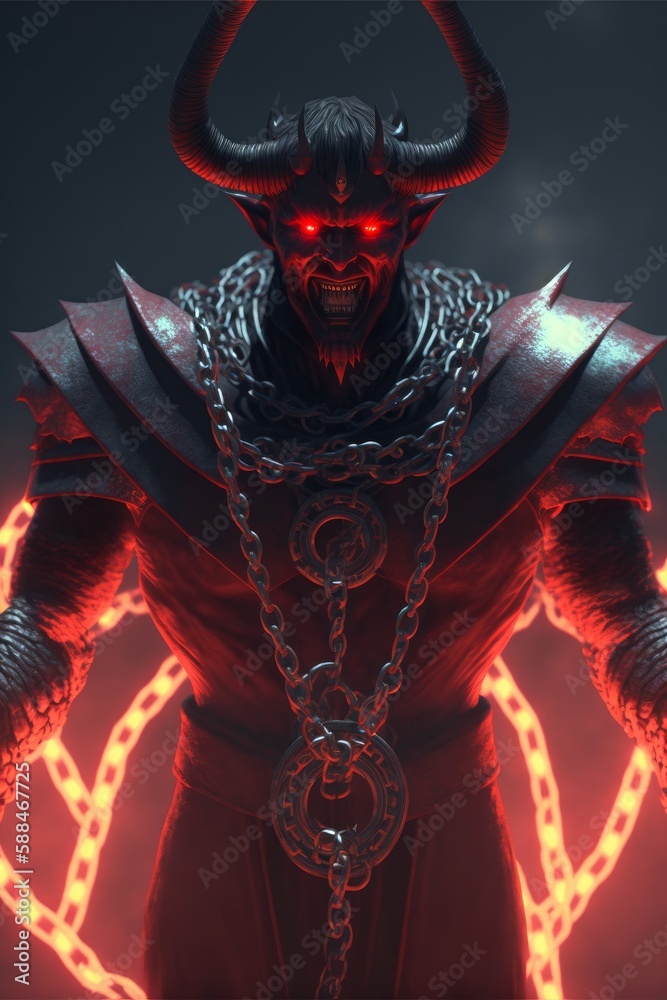 Horned demon with chains in armor with glowing eyes, using dark magic ...
