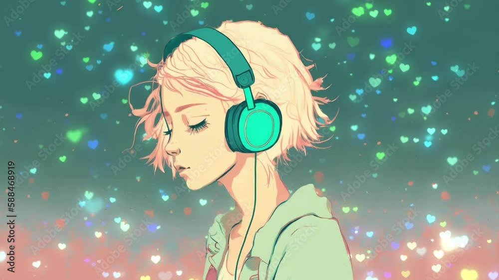 Pastel Lofi Style Beautiful Anime Girl Listening and Nodding to Music ...