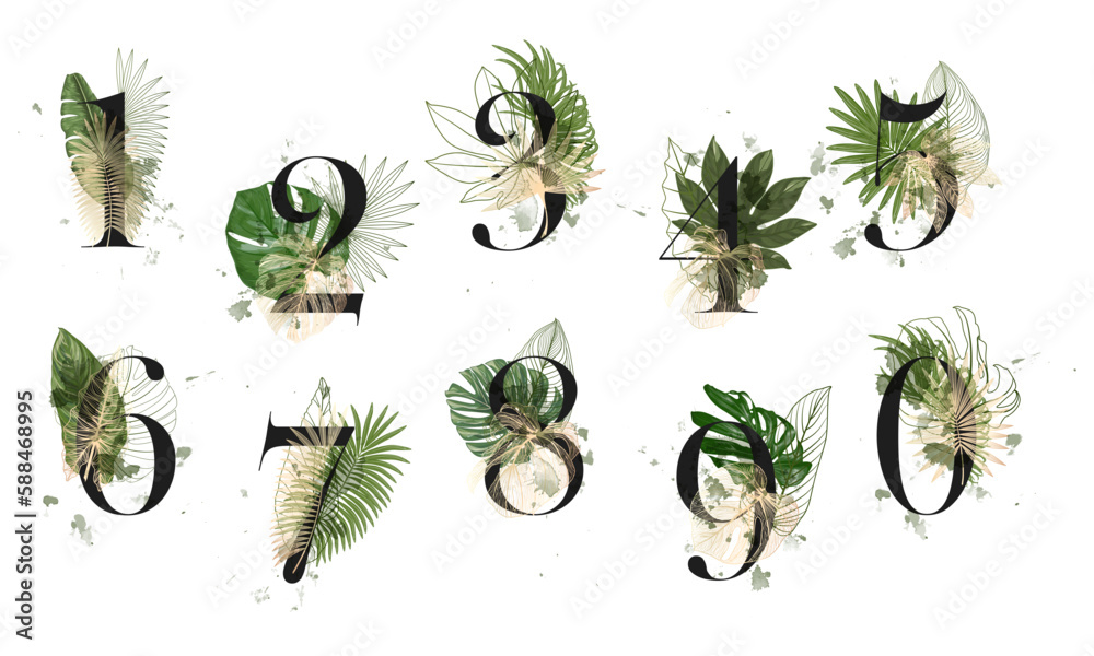 Tropical Floral Numbers. Set digits with a botanical bouquet. Wedding ...