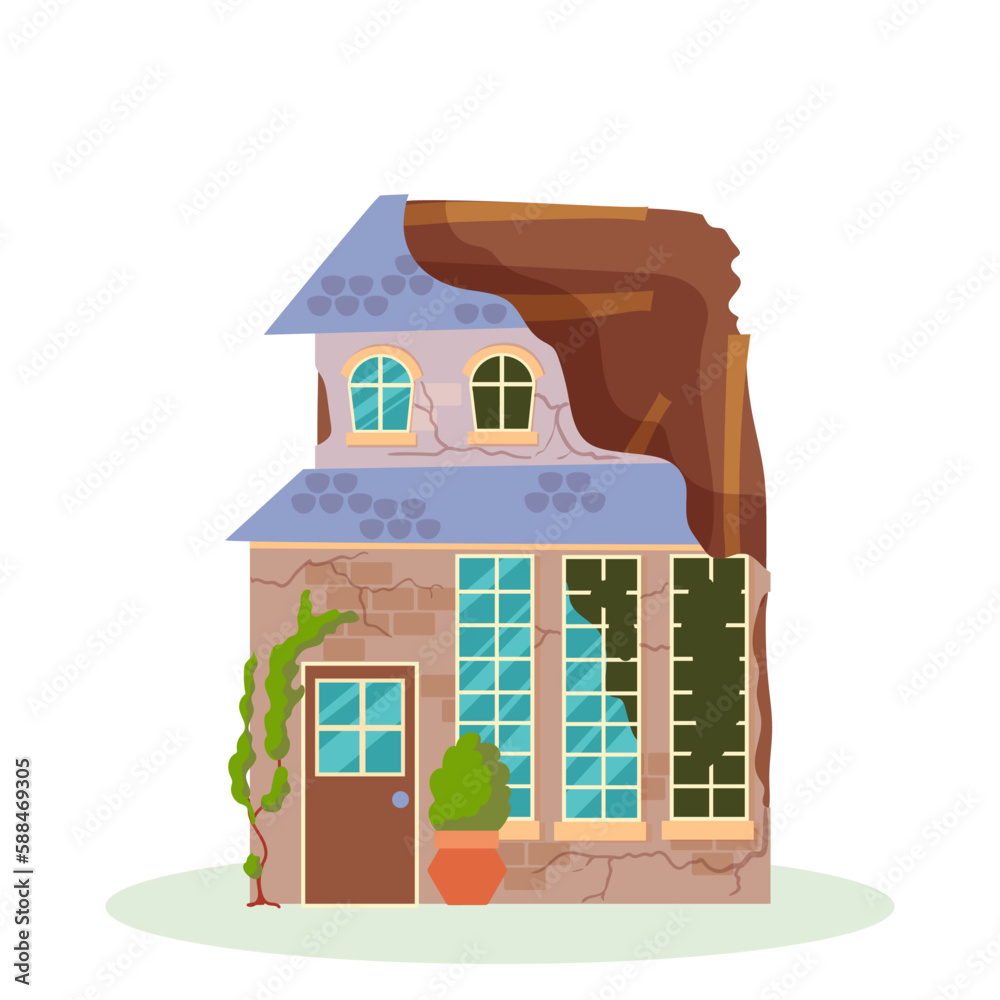 A destroyed building after a fire or an earthquake. Ruined city ...