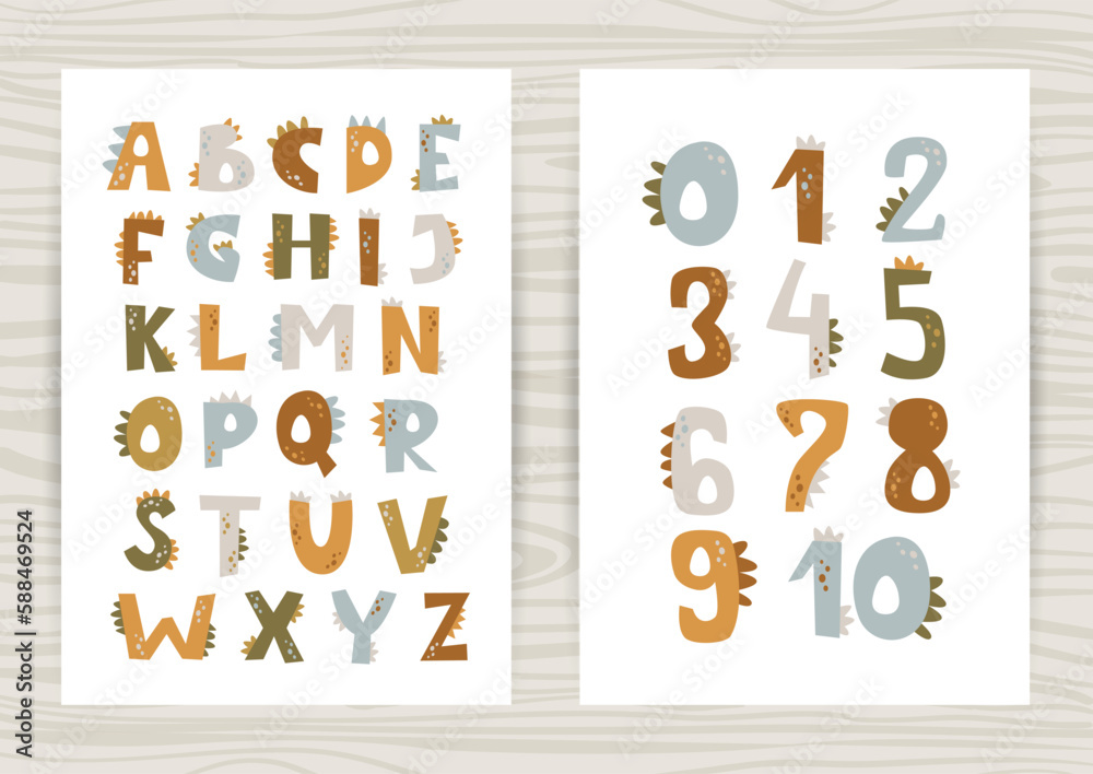 Posters with numbers and alphabet dinosaurs Stock Vector | Adobe Stock