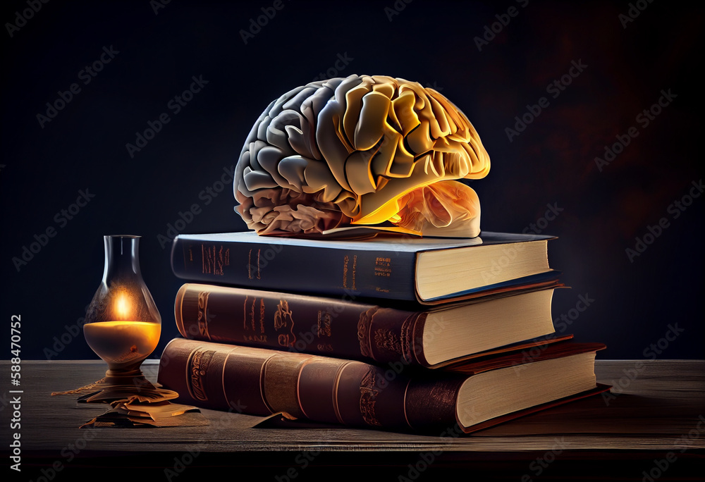 Human brain above stack of books, concept of learning and reading and ...