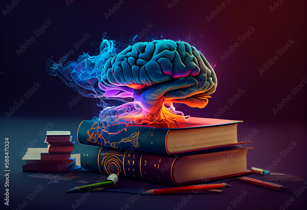 Human brain above stack of books, concept of learning and reading and ...