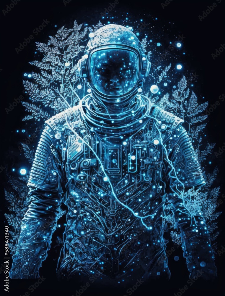hyperdetailed cyanotype of a cybernetic cyberpunk astronaut covered in ...