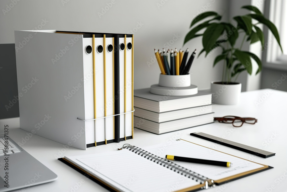 White desk with notepads, pencils, and binders. Presentation desktop ...