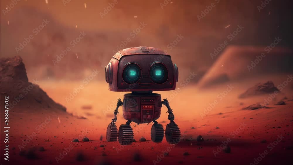 Cute Chibi Cartoon Robot on Mars. Martian Dust Storm Rover Bot ...