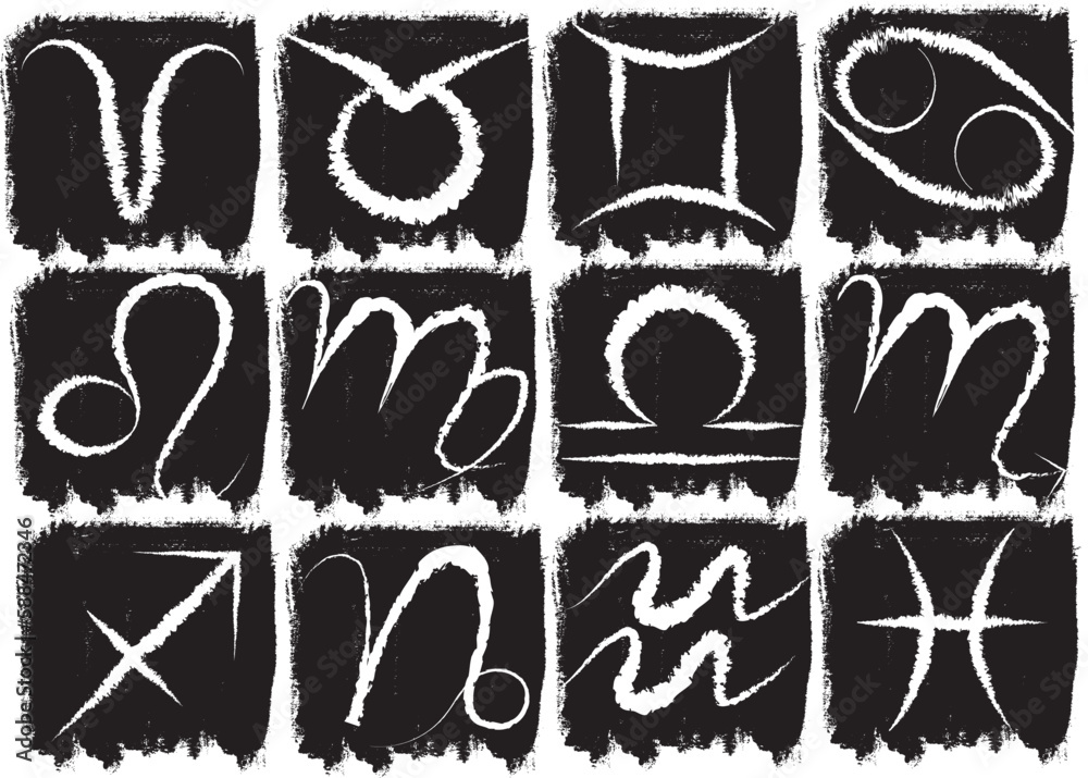 zodiac signs symbols white and black charcoal brush grunge style Stock ...