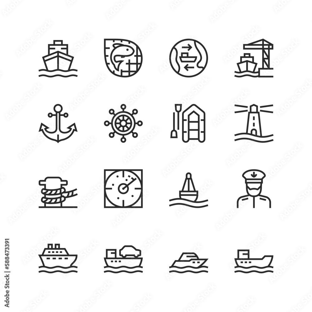 Seaport, linear style icons set. Port for ships, maritime industry ...