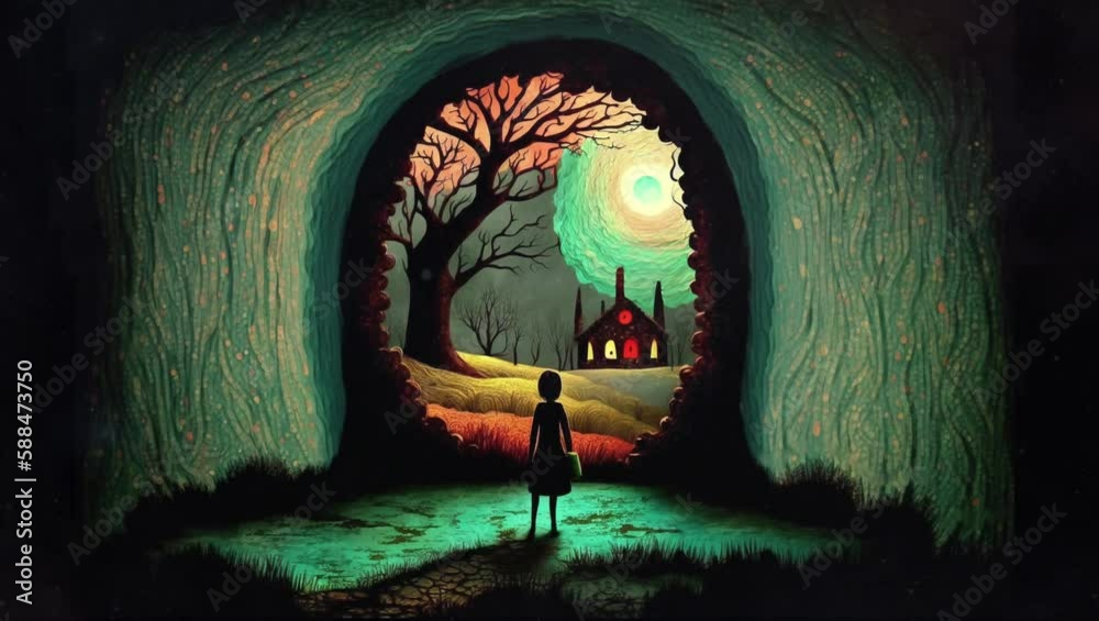 Stockvideon Storybook Style Animation of a Girl Looking through a ...