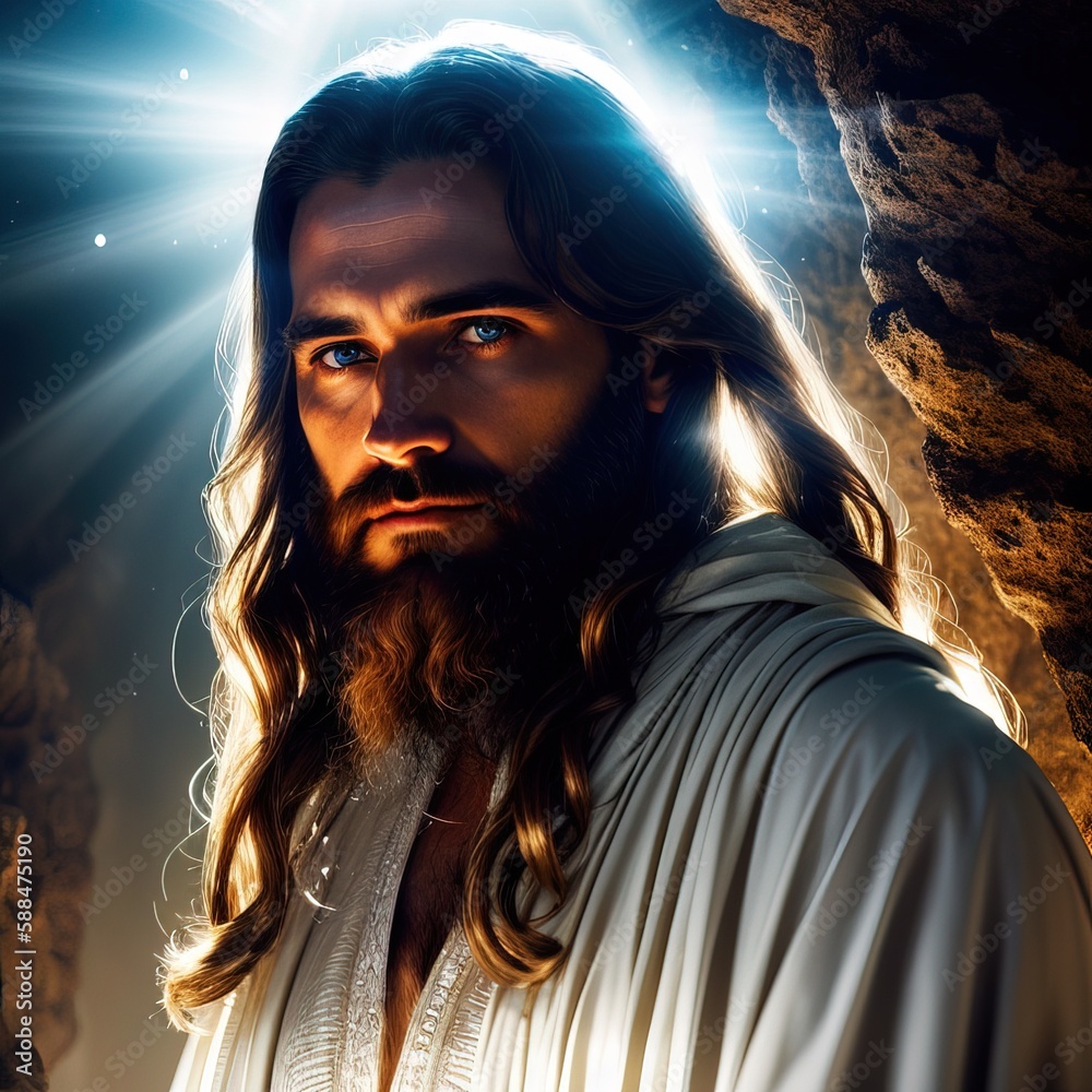 A resurrected Jesus Christ in white robes coming out of his empty tomb ...