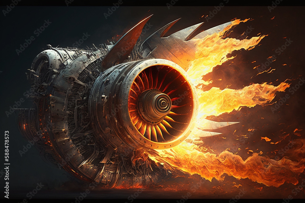 Fire explosion of a plane engine. Burning flames engulfing a destroyed ...