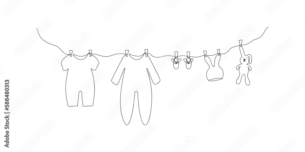 Cute kids clothing hanging on a rope drawn in one line. Sketch ...